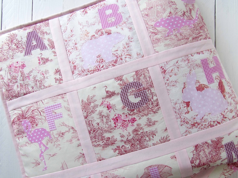 Toile De Jouy Baby Blanket ABC Quilt Nurserey Decor Baby Boy Pink Beige ...