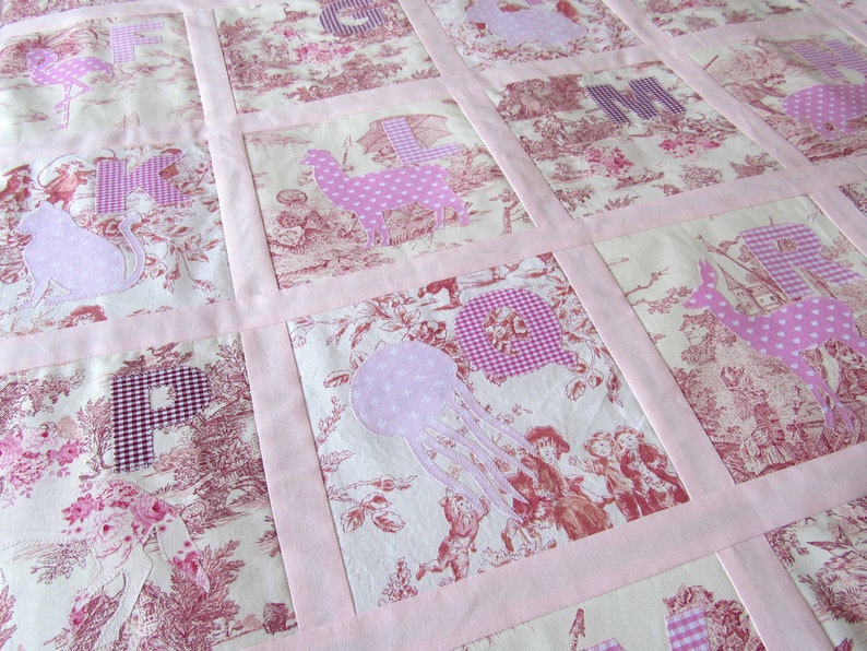 Toile De Jouy Baby Blanket ABC Quilt Nurserey Decor Baby Boy Pink Beige ...