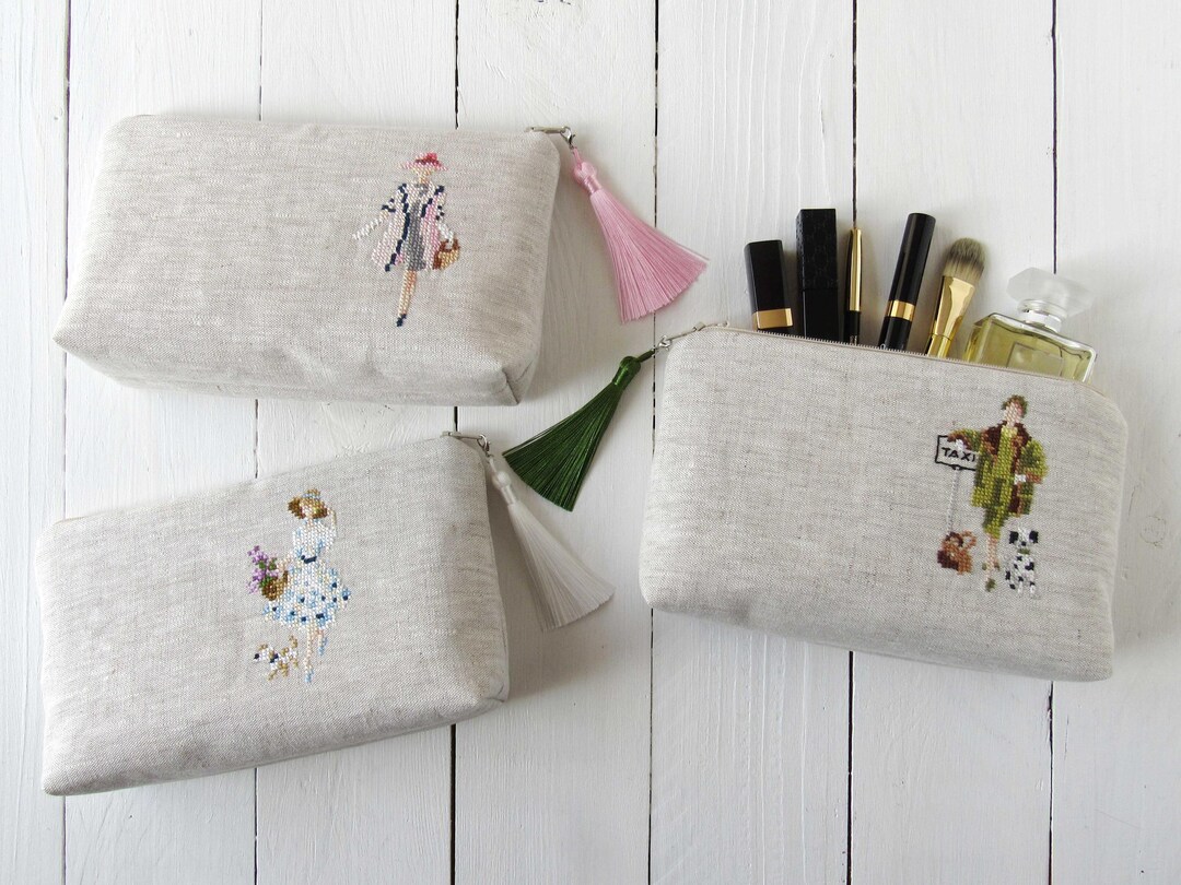 Linen Cosmetic Bag Grey Vintage Fashion Hand Embroidered Pure Linen ...