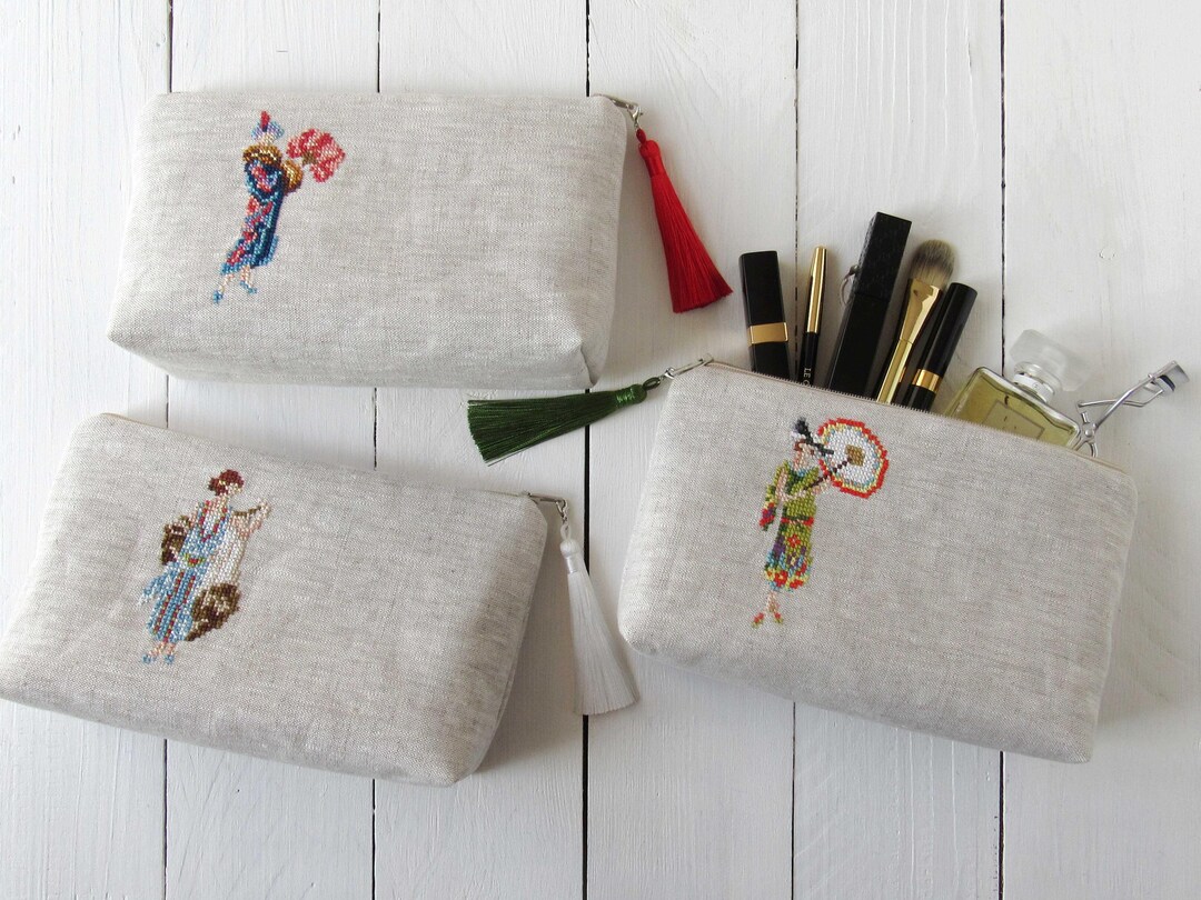 Linen Cosmetic Bag Grey Art Deco Fashion Hand Embroidered Pure Linen ...