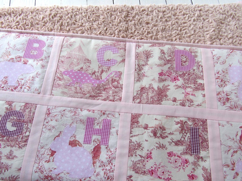 Toile De Jouy Baby Blanket ABC Quilt Nurserey Decor Baby Boy Pink Beige ...