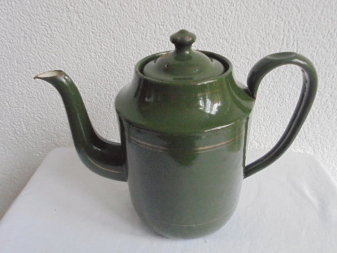 Dark Green Teapot With Gold Trim / Midcentury Teapot / Kitchen Enamel ...