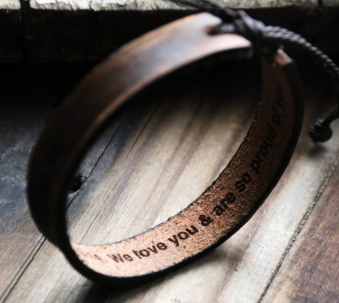 Secret Message Bracelets, Mens Leather Bracelets, Tan Leather Engraved ...