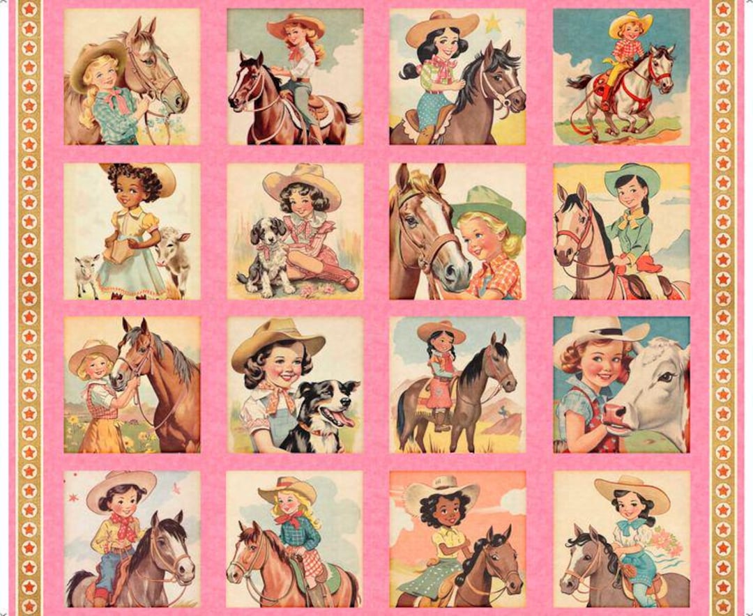 RETRO COWGIRL BLOCKS on Pink Cotton Fabric Panel 36 X 44, Qt Fabrics ...