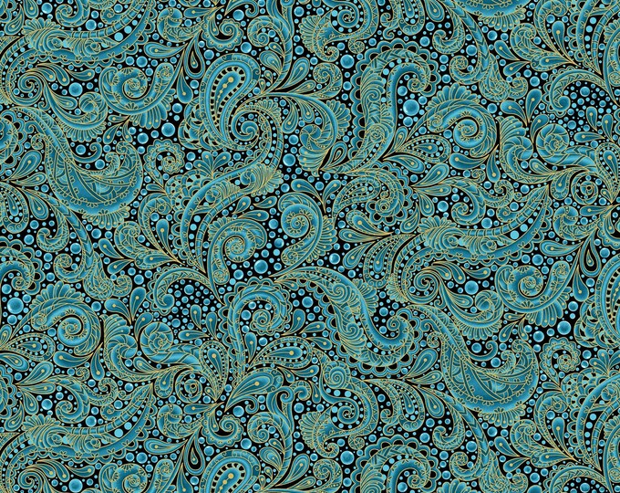 End of Bolt TEAL METALLIC PAISLEY 36" X 44" Cotton Fabric, Benartex ...