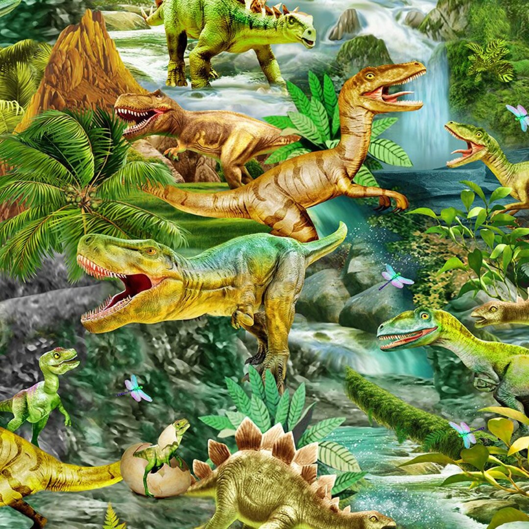 DINOSAUR SCENE T-REX Cotton Fabric, Timeless Treasures Fabric, Quilting ...