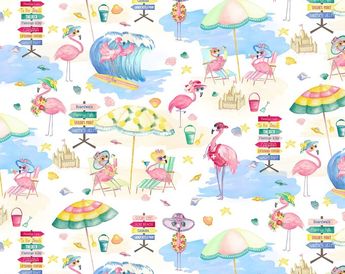 End of Bolt FLAMINGOS at the BEACH 14 X 44 Cotton Fabric, Kanvas Fabric ...