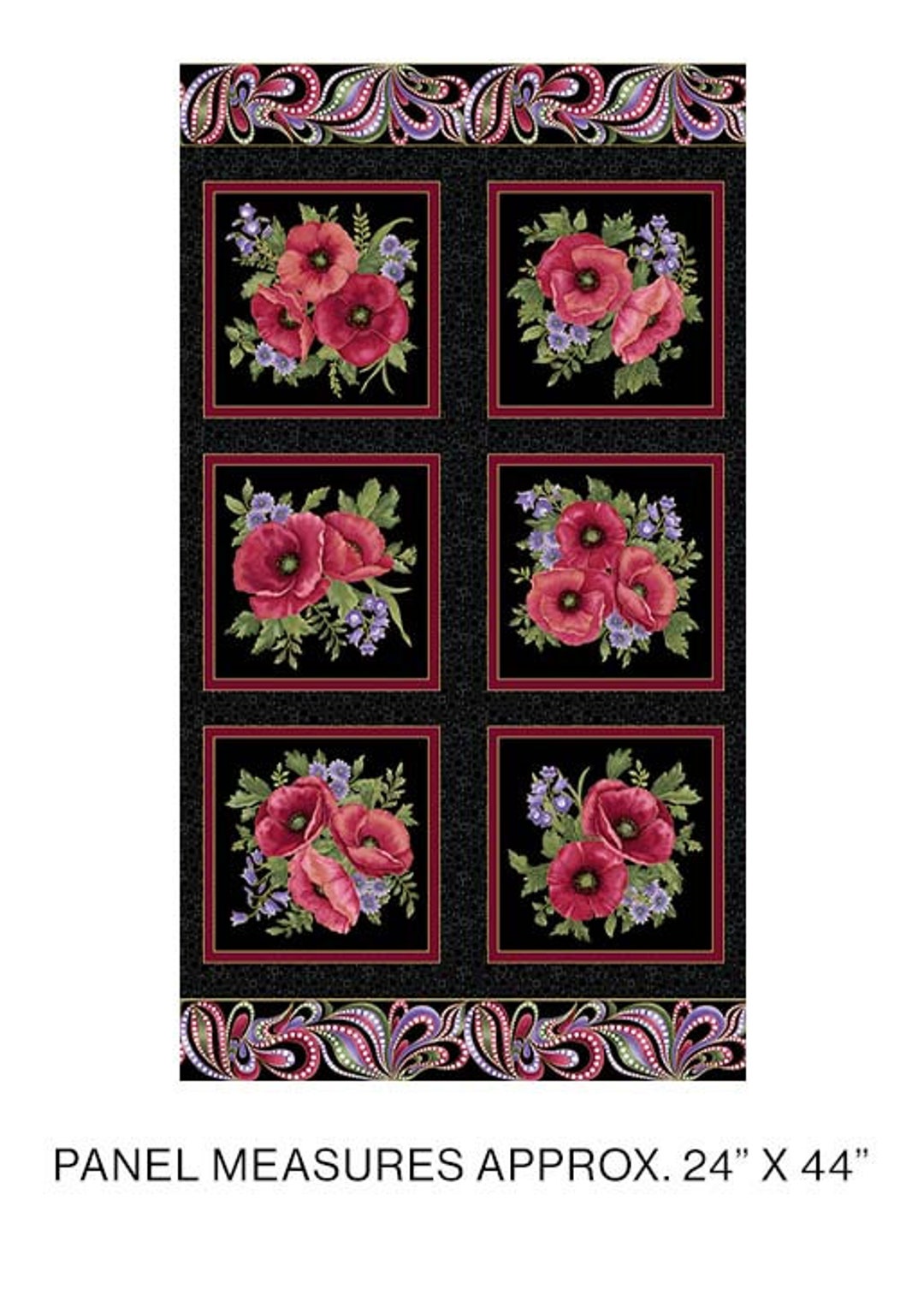 POPPPIES in BLOCKS on BLACK Cotton Fabric Panel 23 X 44, Benartex ...