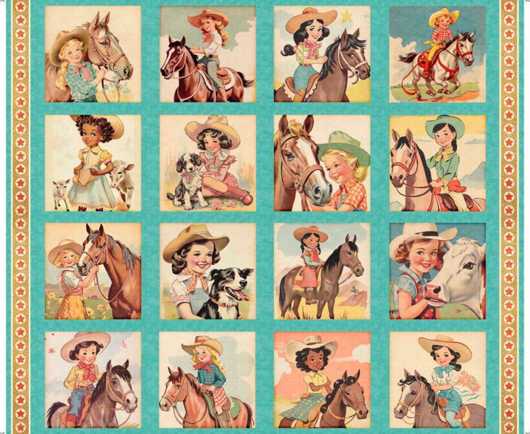RETRO COWGIRL BLOCKS on Turquoise Cotton Fabric Panel 36 X 44, Qt ...