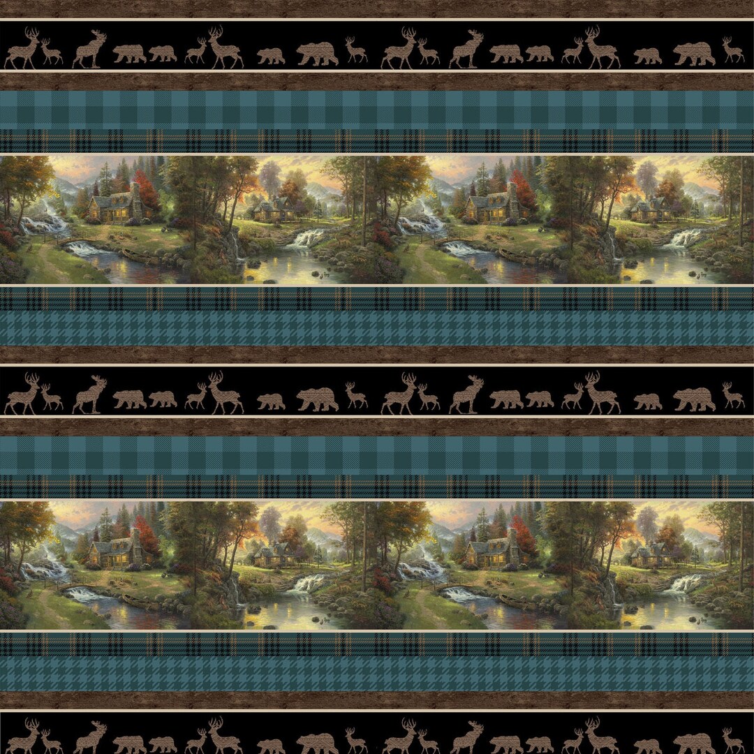 THOMAS KINKADE CABIN Border Stripes Cotton Fabric, Benartex Fabric, 100 ...