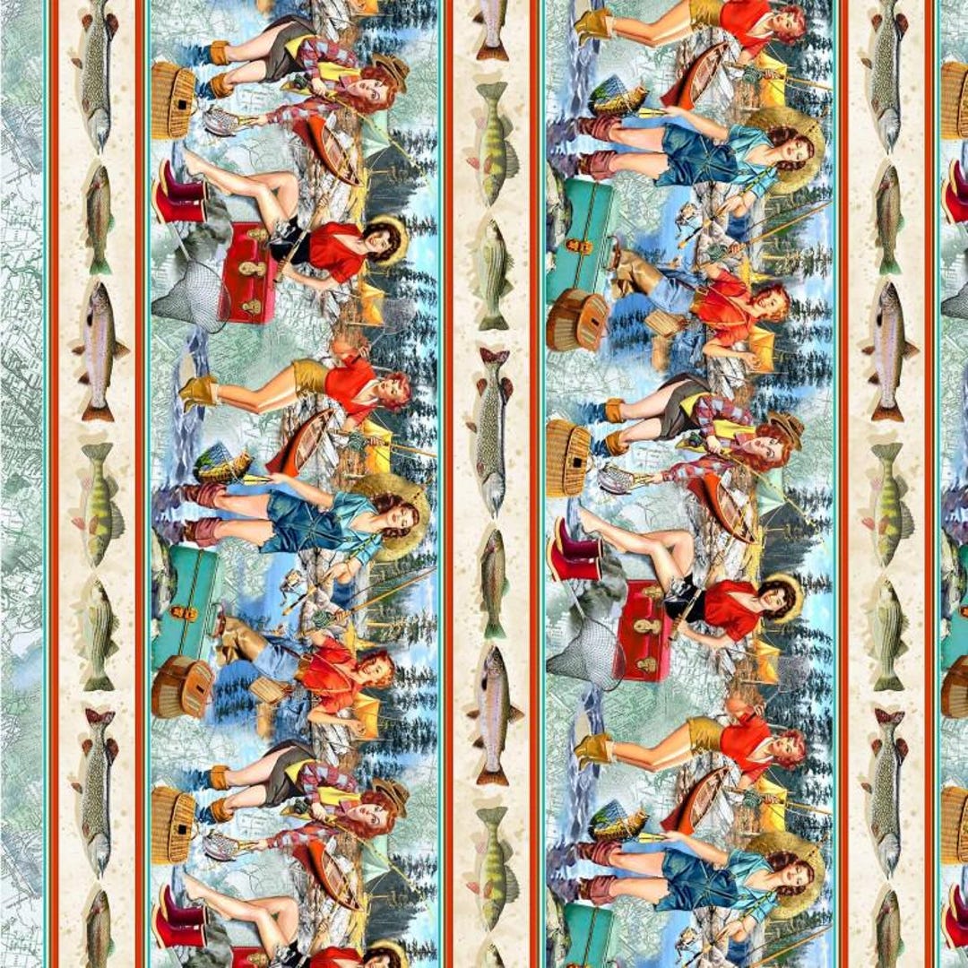 PINUP GIRLS FISHING Border Stripes Cotton Fabric, Michael Miller Fabric ...