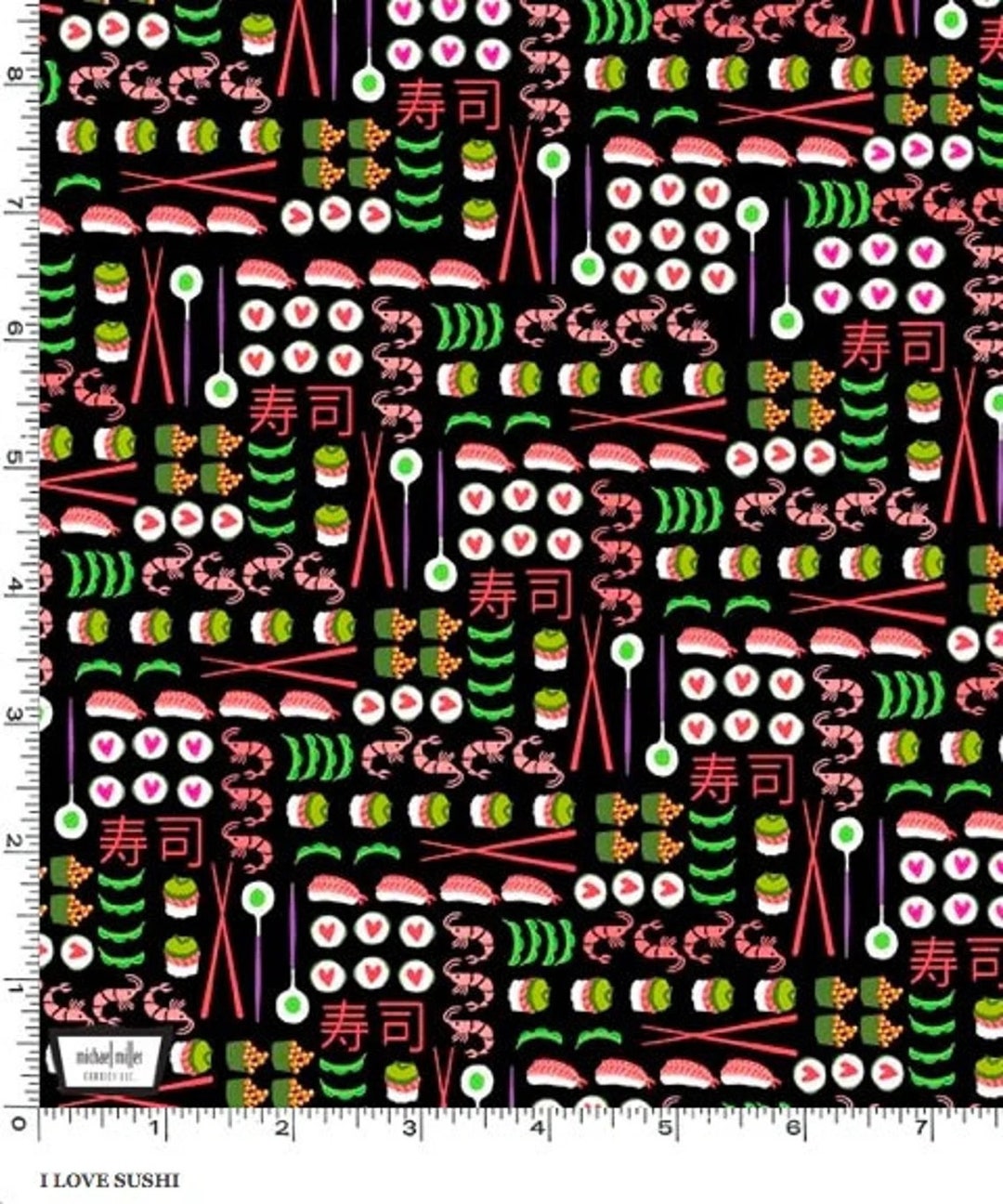 SUSHI FOOD on Black Cotton Fabric, Michael Miller Fabric, 100% Cotton ...
