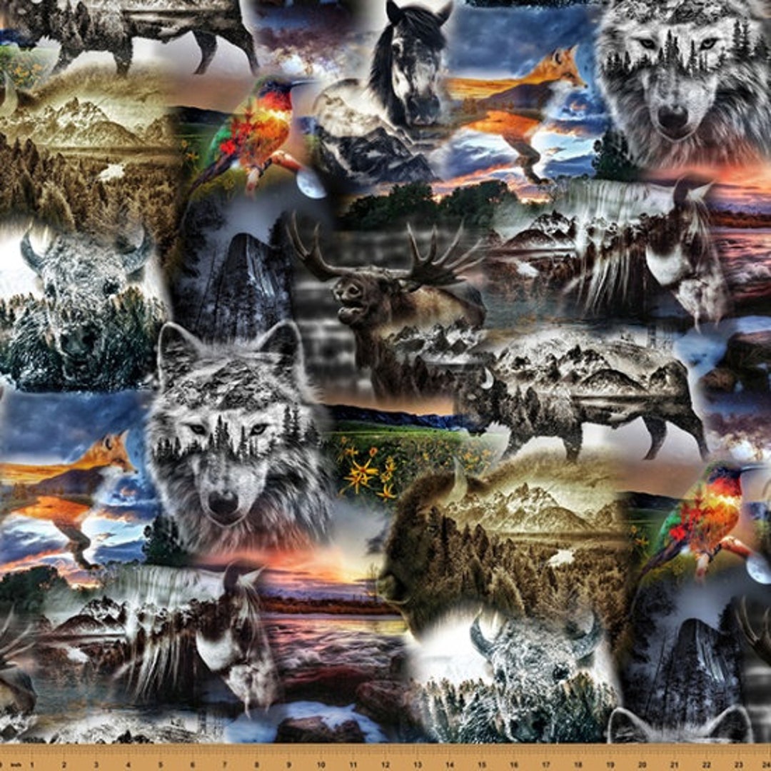 WILDLIFE COLLAGE WOLVES Cotton Fabric, Hoffman Fabrics, 100% Cotton ...