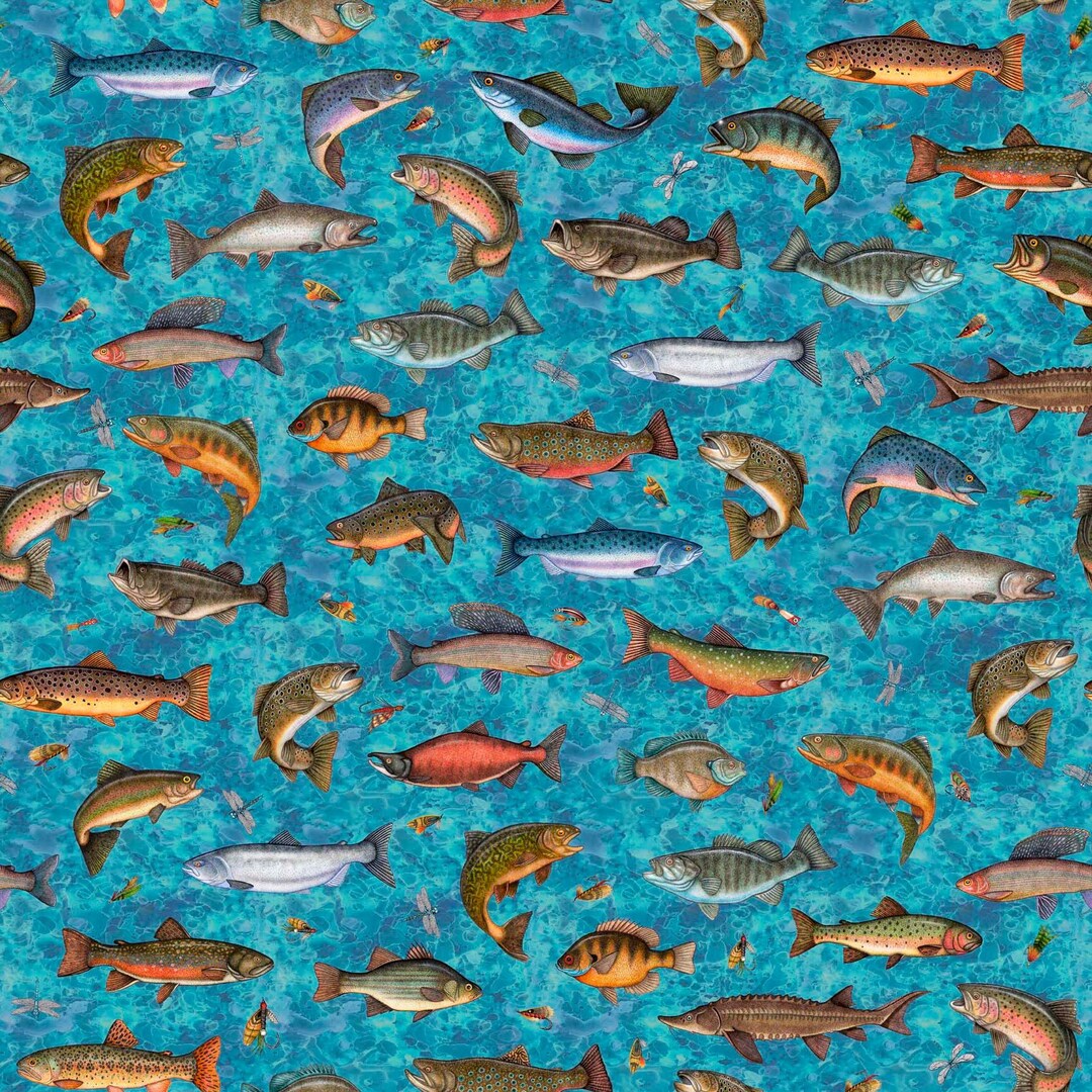 LAKE FISH on BLUE Cotton Fabric, Qt Fabrics, Quilting Treasures, 100% ...