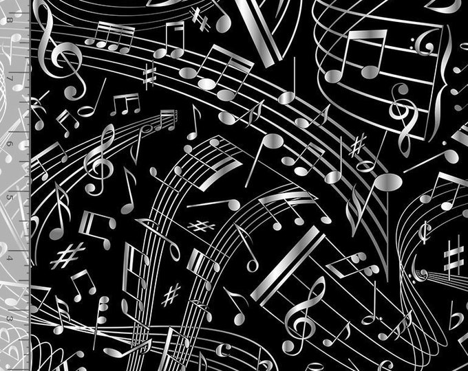 FQ MUSICAL NOTES on Black Fat Quarter Cotton Fabric, 18" X 21 ...