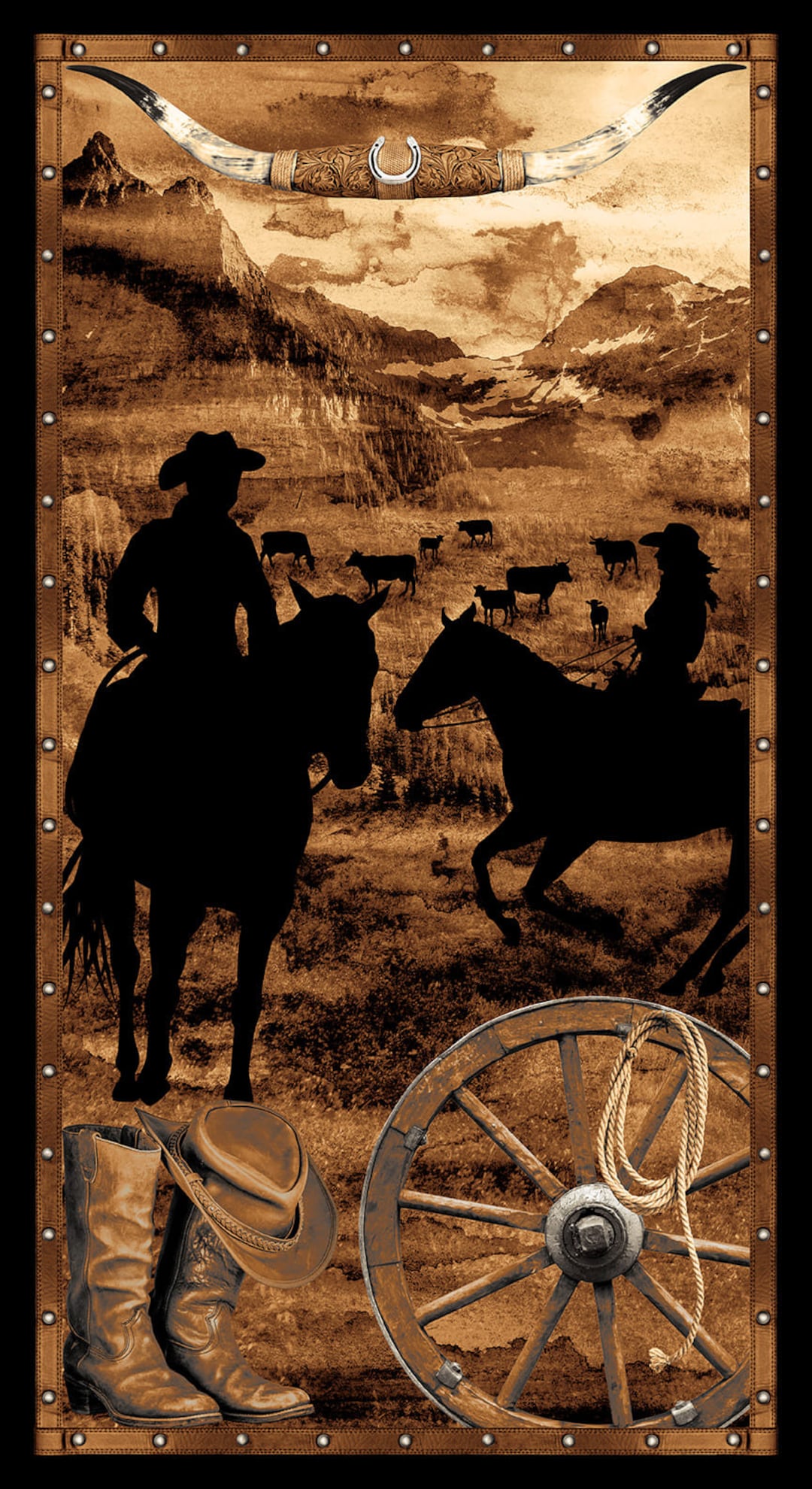 COWBOY SCENE W/ CATTLE Cotton Fabric Panel, 23x 44 Panel, Blank ...
