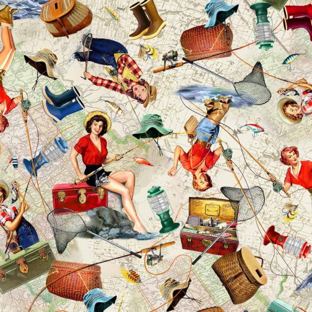 PINUP GIRLS FISHING on Beige Cotton Fabric, Michael Miller Fabric, 100% ...