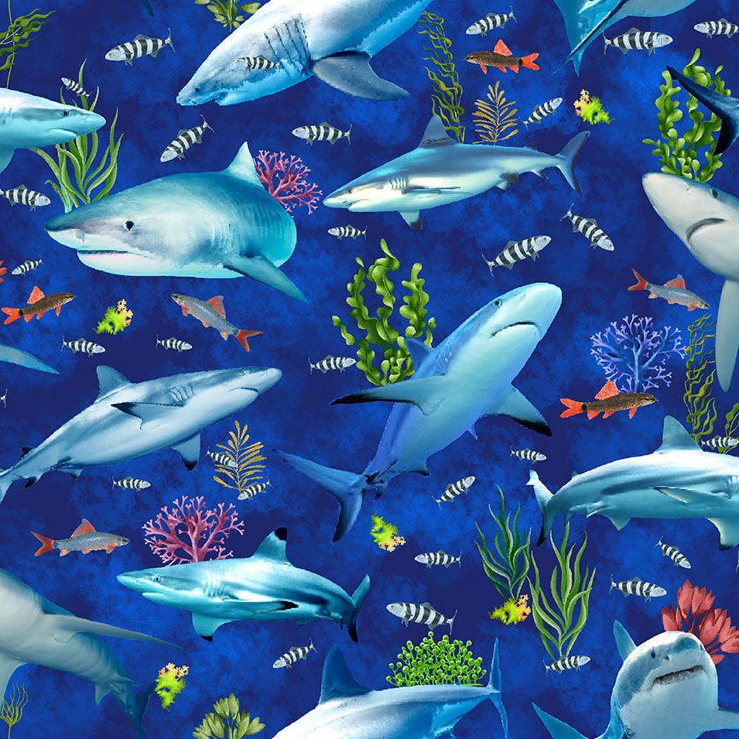 SHARKS & SEA LIFE Cotton Fabric, Timeless Treasures Fabric, 100% Cotton ...