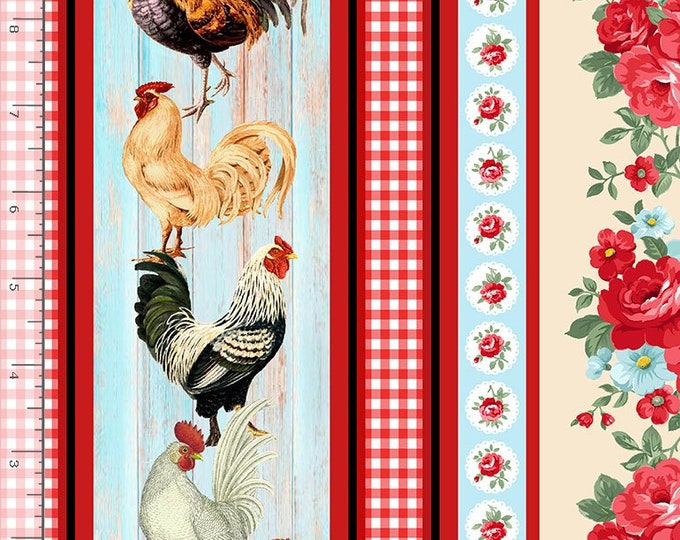 CLEARANCE End of Bolt CHICKENS & Red ROSES 11 Border Stripes 36 X 44 ...