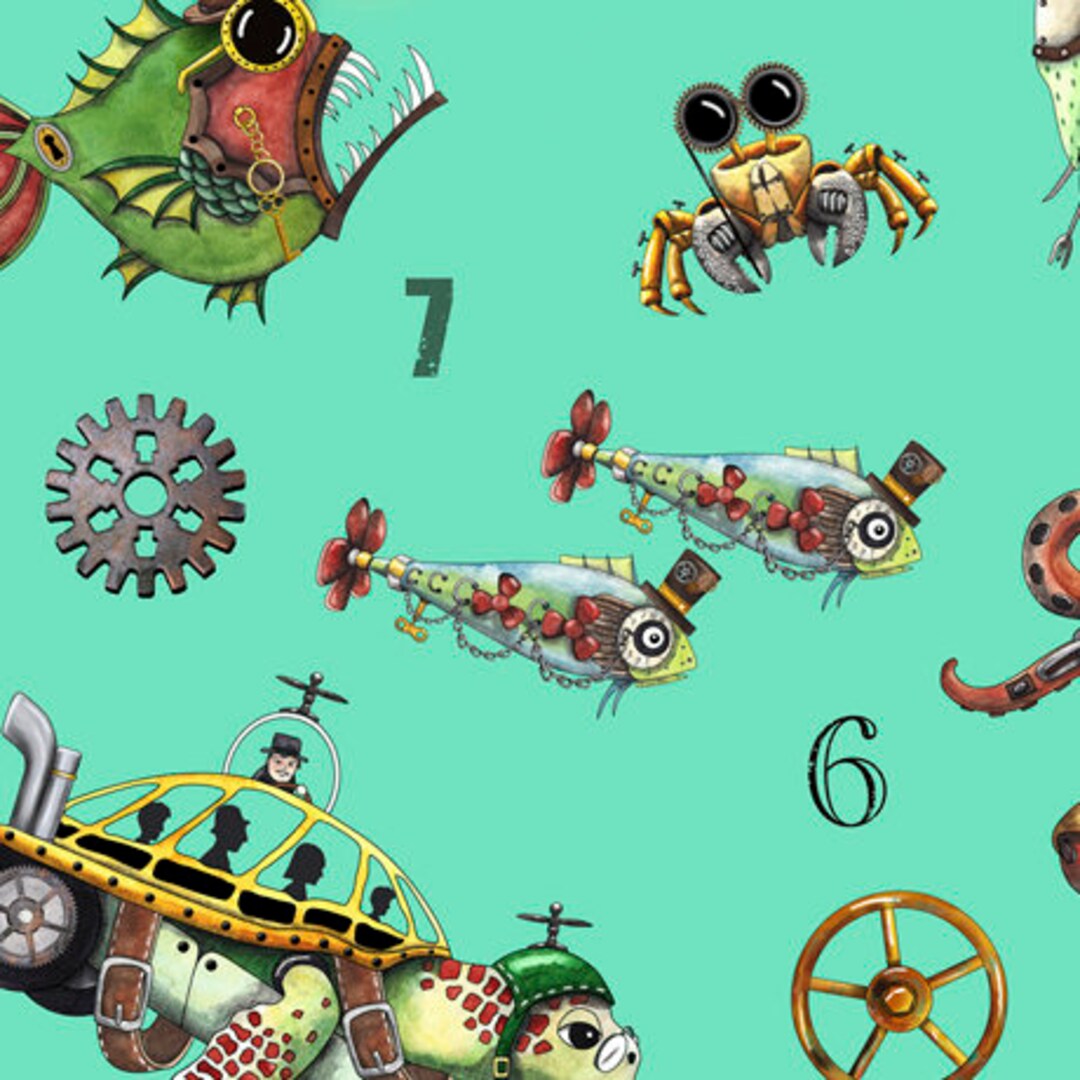 STEAMPUNK AQUATIC ANIMALS on Aqua Cotton Fabric, Qt Fabrics, Quilting ...