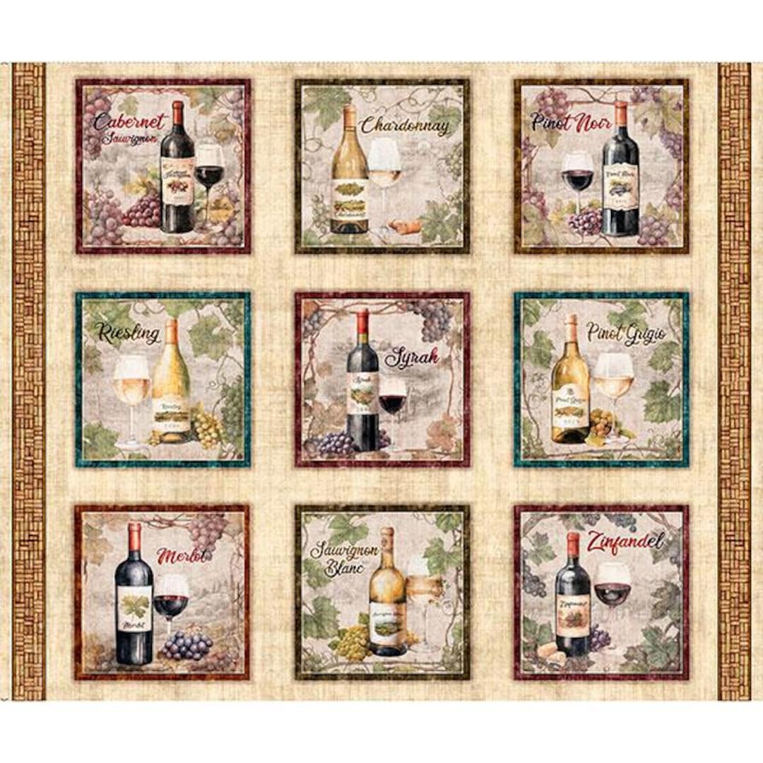 WINE BOTTLE Blocks Cotton Fabric Panel 36" X 44", Qt Fabrics, Cork and ...