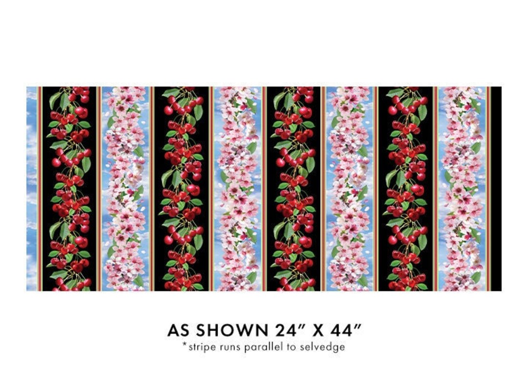 CHERRIES & CHERRY BLOSSOM Border Stripes Cotton Fabric, Benartex Fabric ...