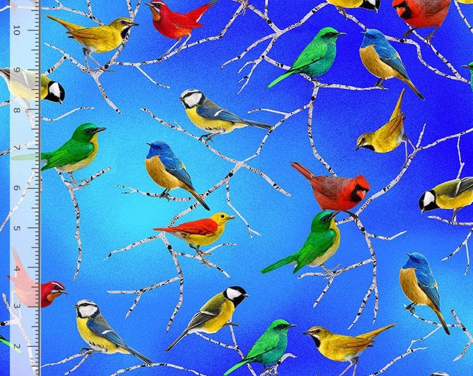 End of Bolt COLORFUL BIRDS on BLUE 19 X 44 Cotton Fabric, Timeless ...
