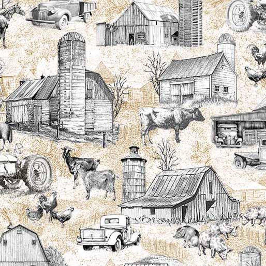 ON THE FARM Toile Farmer's Market Cotton Fabric, Michael Miller Fabric ...