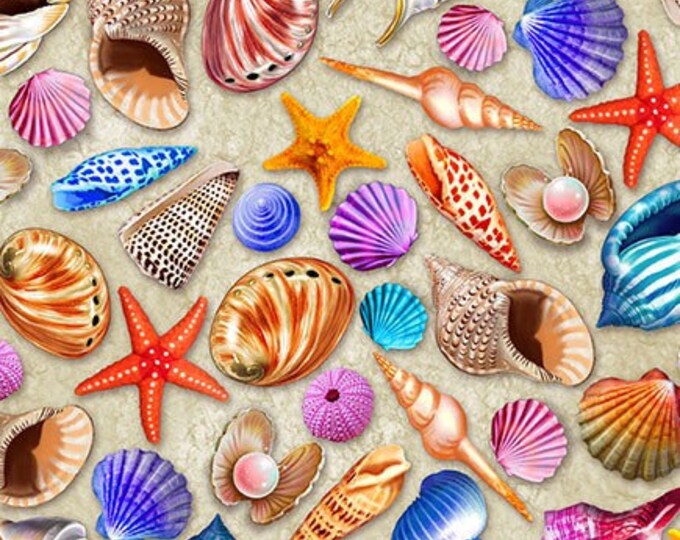 VIBRANT SEASHELLS in SAND Cotton Fabric, Michael Miller Fabric, 100% ...