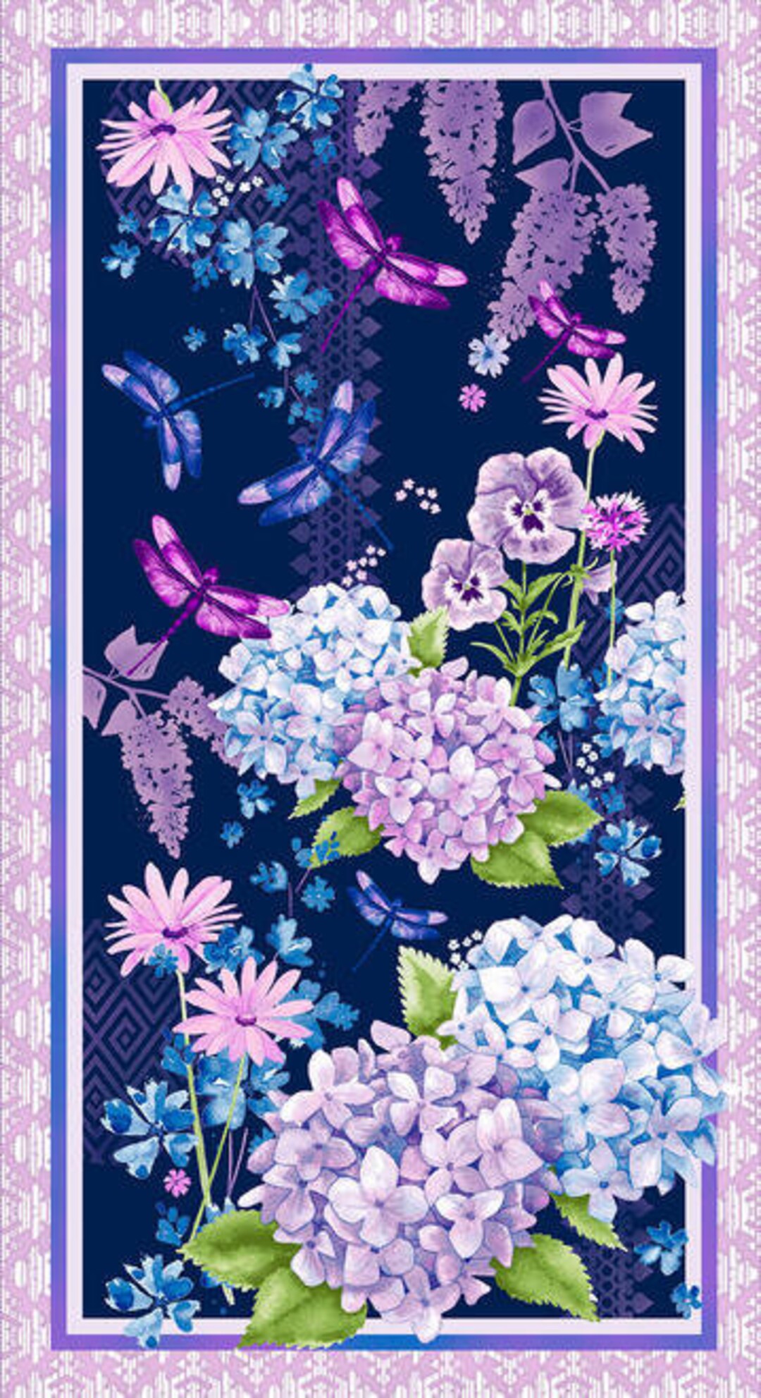 MIDNIGHT HYDRANGEA DRAGONFLIES and Flowers Cotton Fabric Panel - Etsy