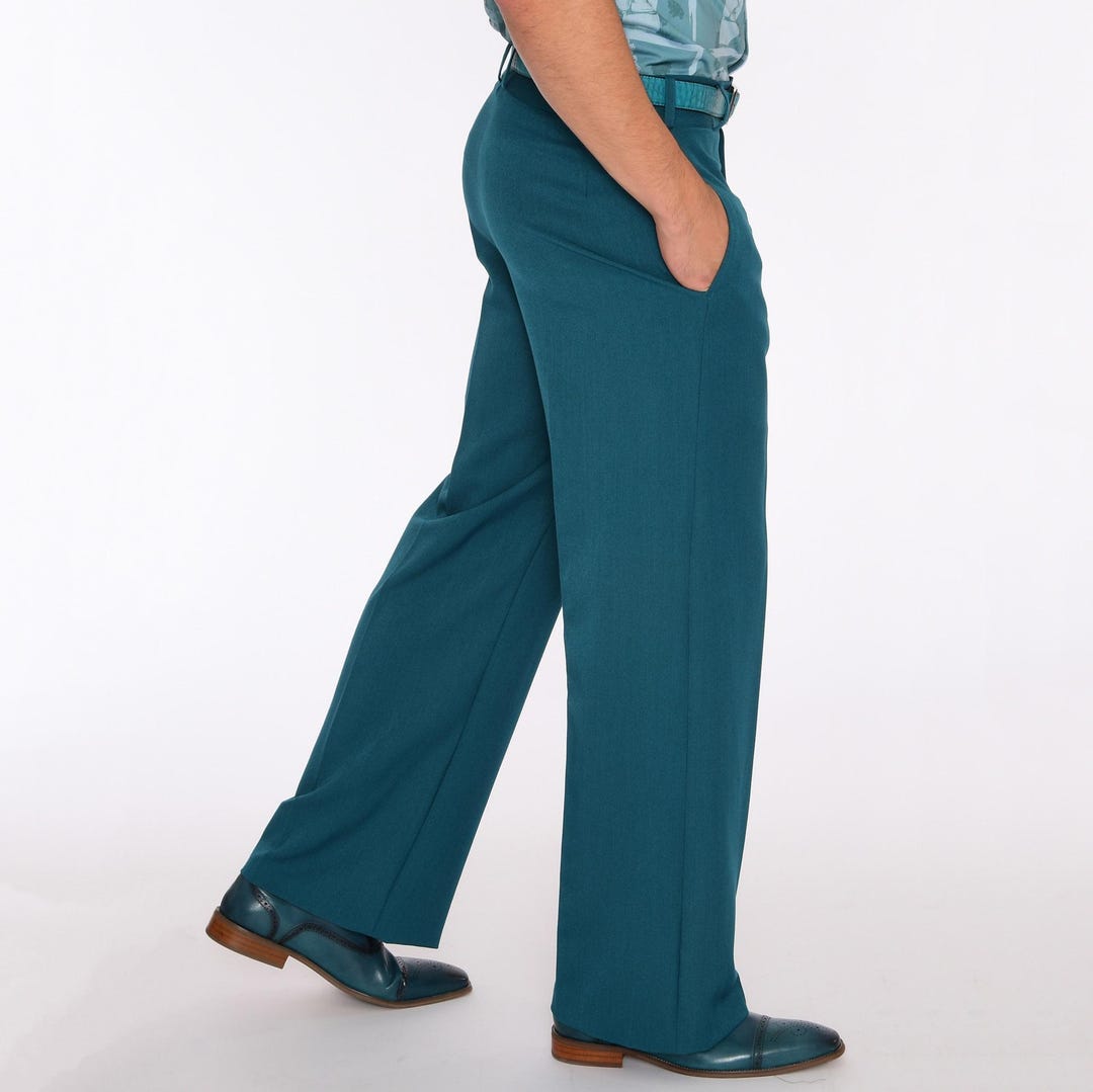 Men's Vintage-inspired Teal High-waisted Wide Leg Gabardine Trousers ...