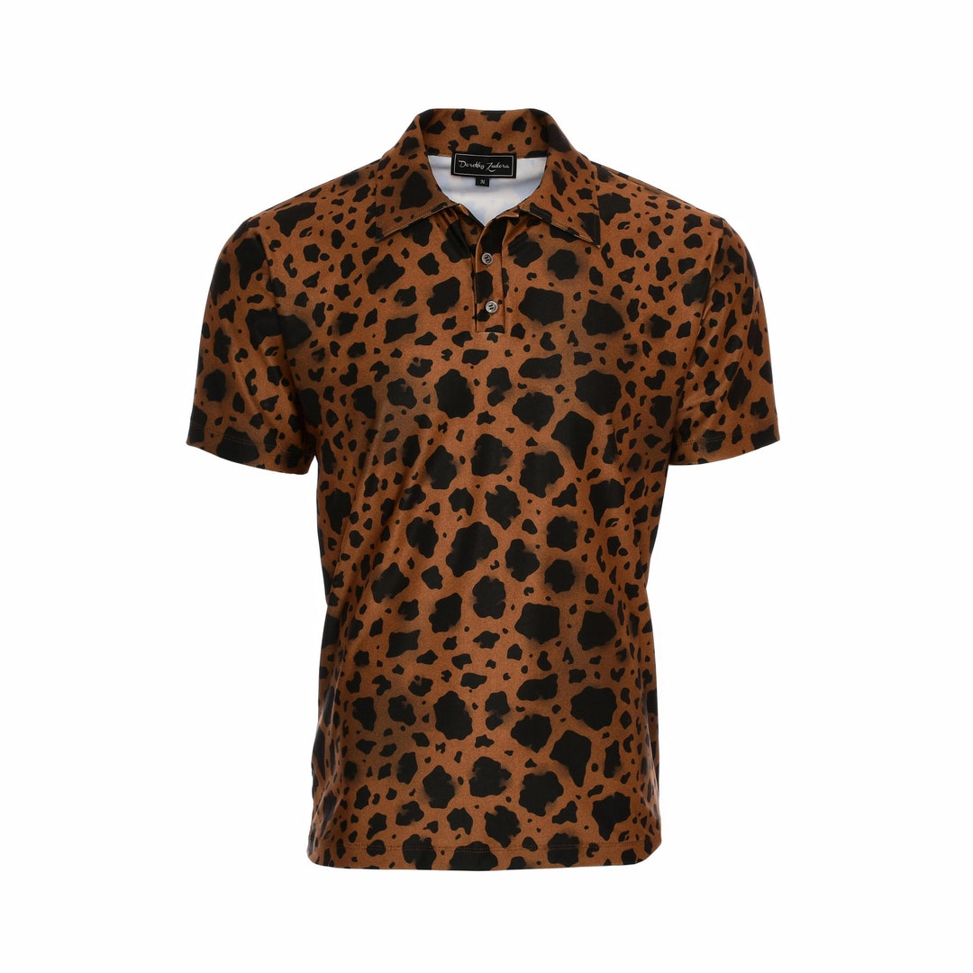 Mens Brown Cheetah Print Jersey Knit Tennis Golf Polo Shirt Short ...