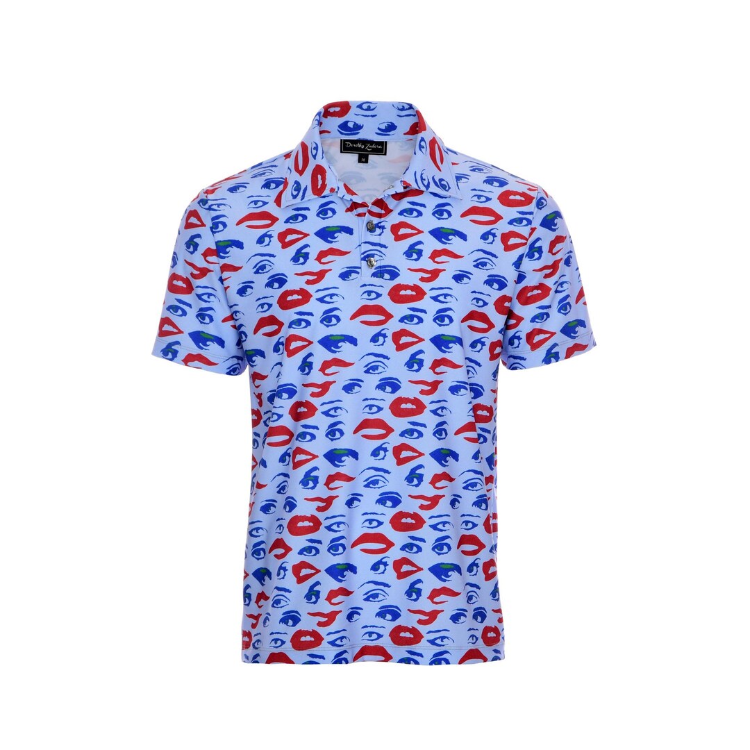 Men's Retro Baby Blue Polo – Lips and Eyes Print, Handmade - Etsy Australia
