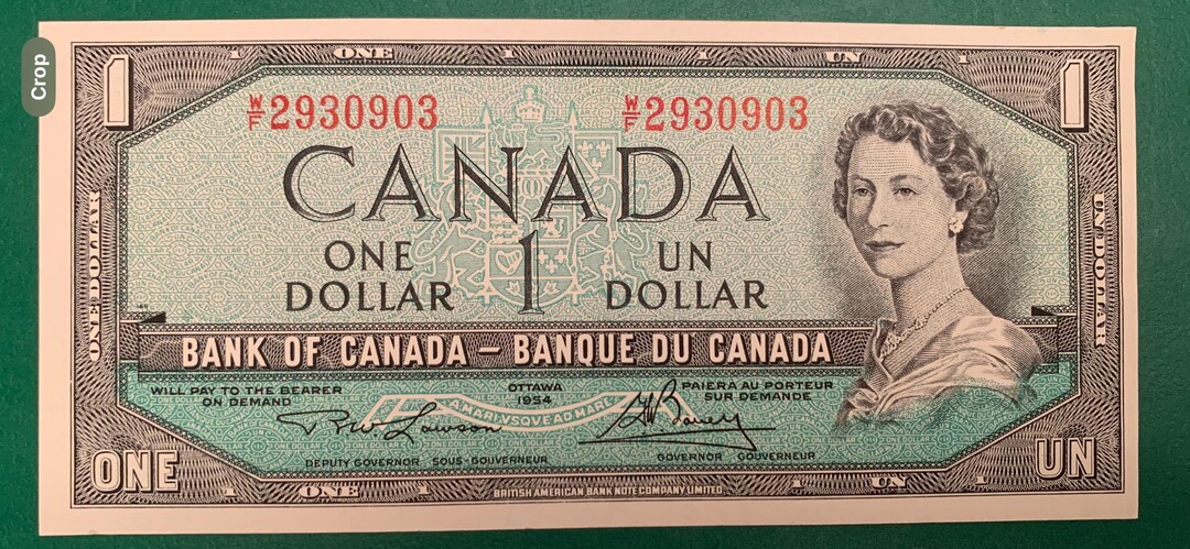 1954 Canada 1 One Dollar Note Queen Elizabeth II Error Cut off Center ...