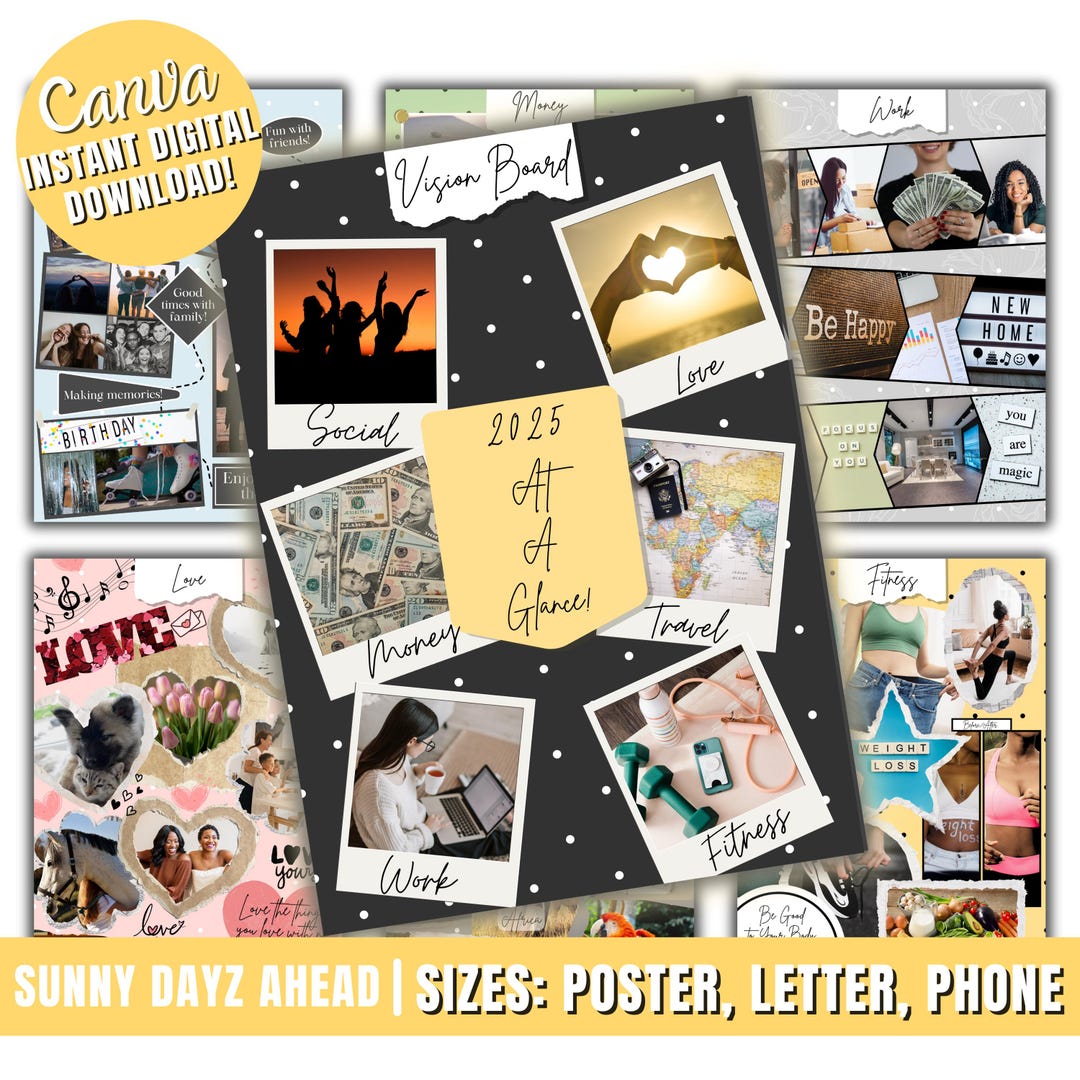 Canva Editable Template Vision Board Printable, 2025 Goal Setter Poster ...