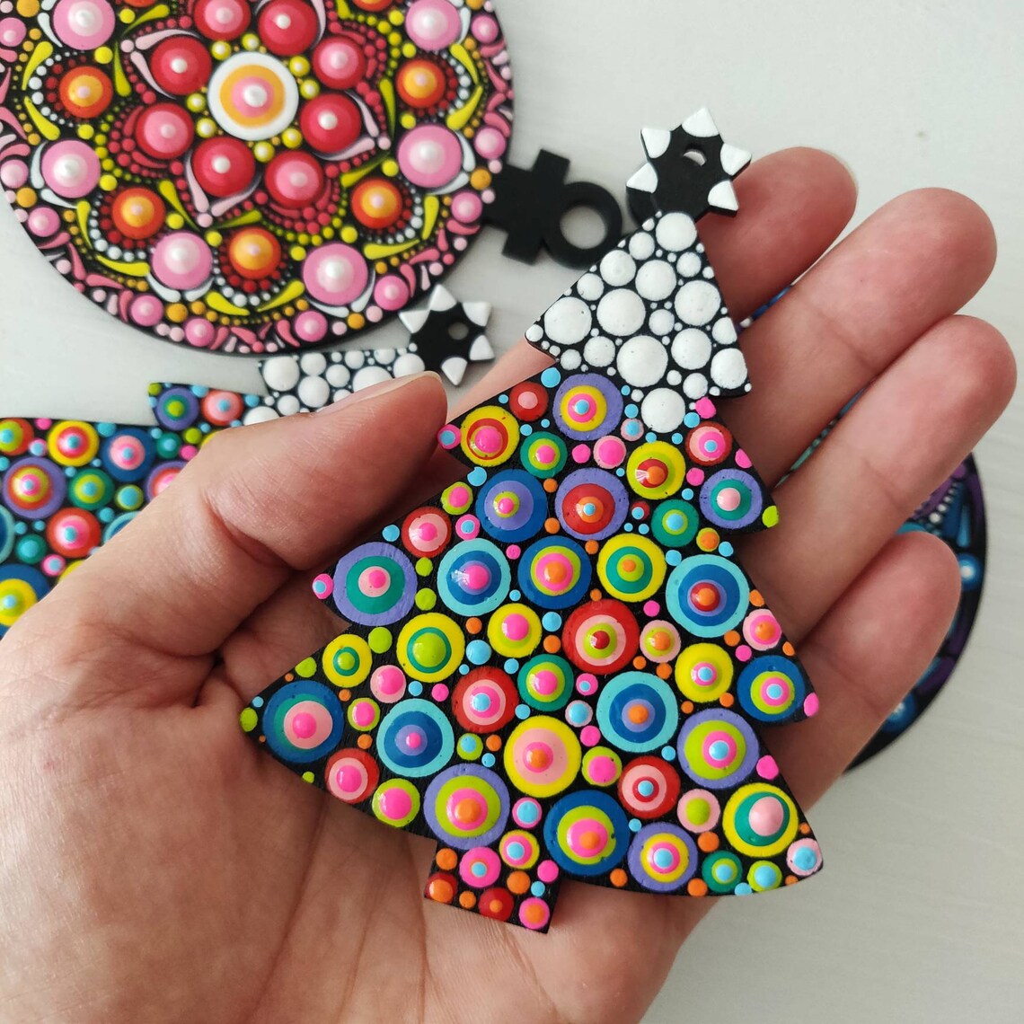 Set of 2 Colorful Christmas Tree Ornaments on Wood in Shape of - Etsy