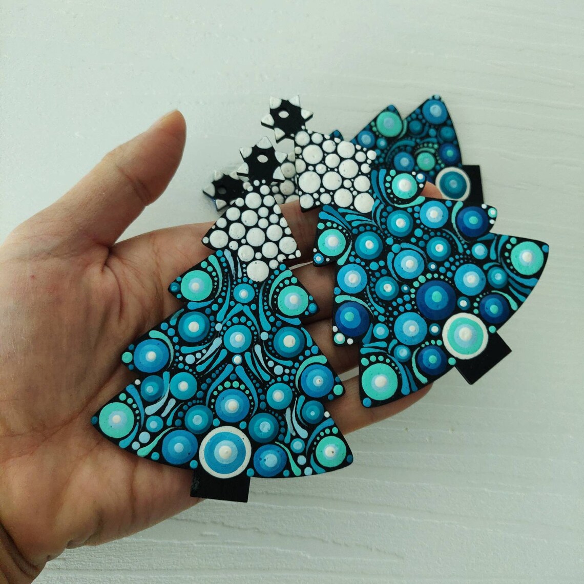 Set of Three Blue Christmas Tree Ornaments on Wood in Shape of | Etsy