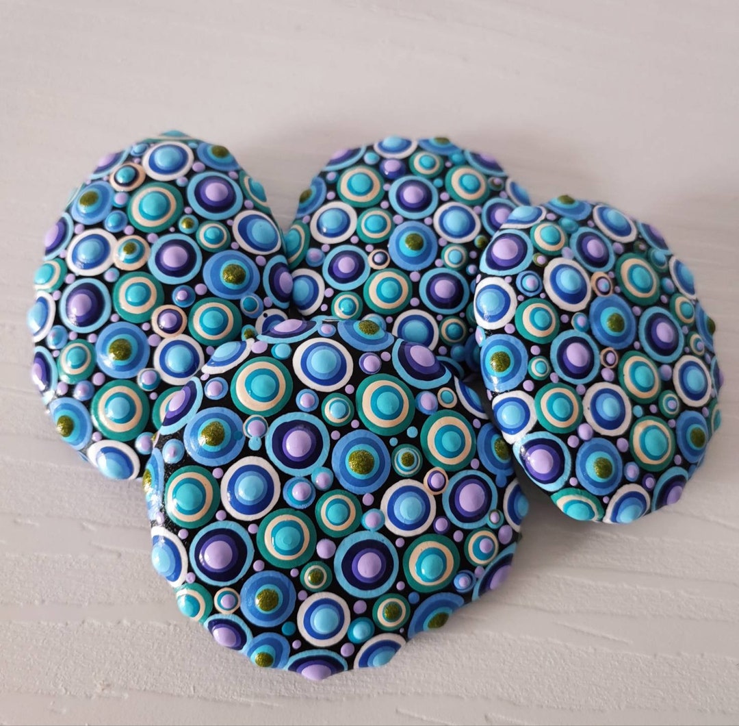 Set of 4 Blue Polka Dot Stones, Dotart Painted Rock Decorations, Unique ...