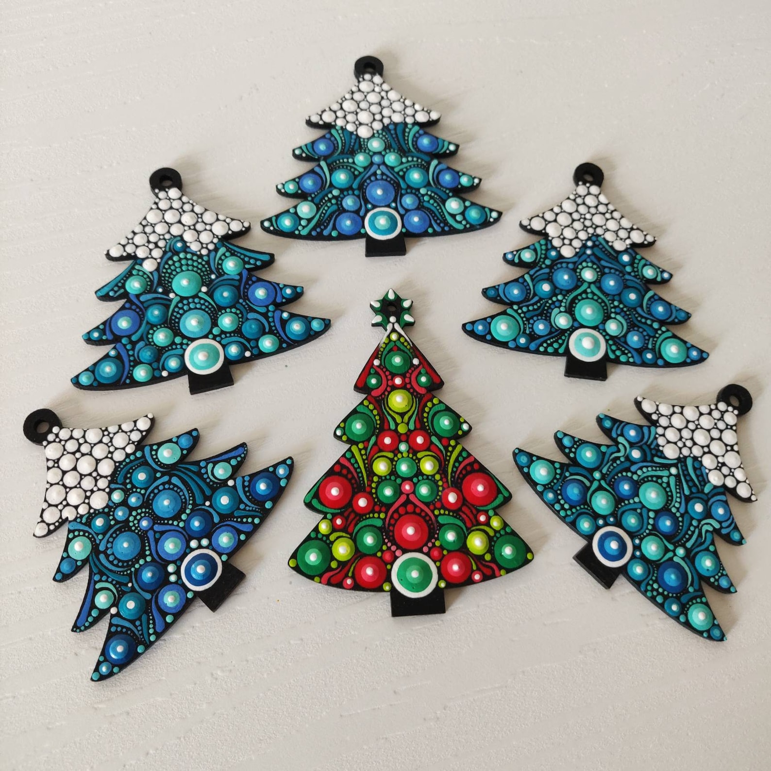 Set of Three Blue Christmas Tree Ornaments on Wood in Shape of - Etsy