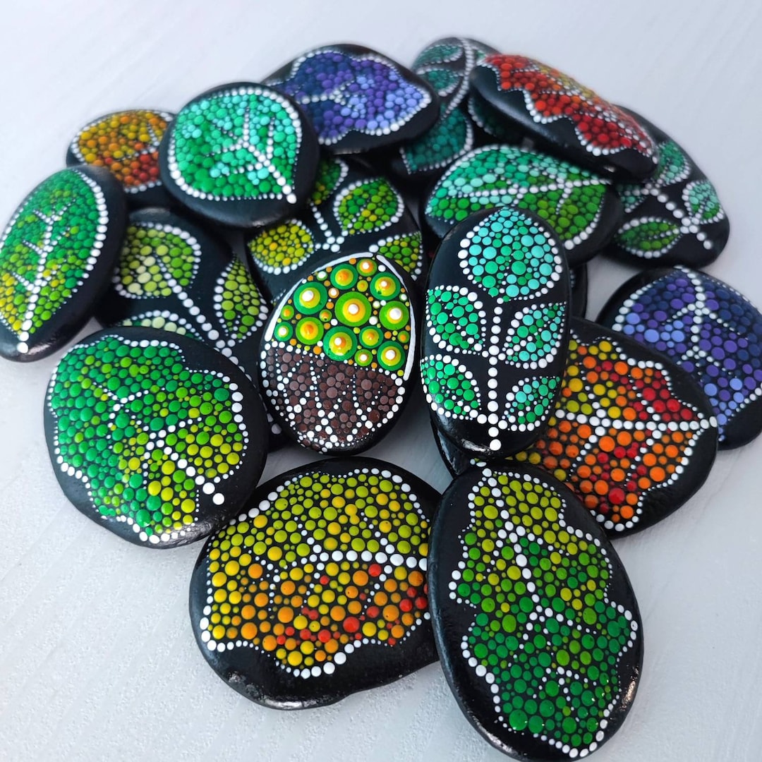 SET OF 6 - 6 Leaves on a Stone, Leaf on a Rock, Dotart Leaf, Dotilism ...