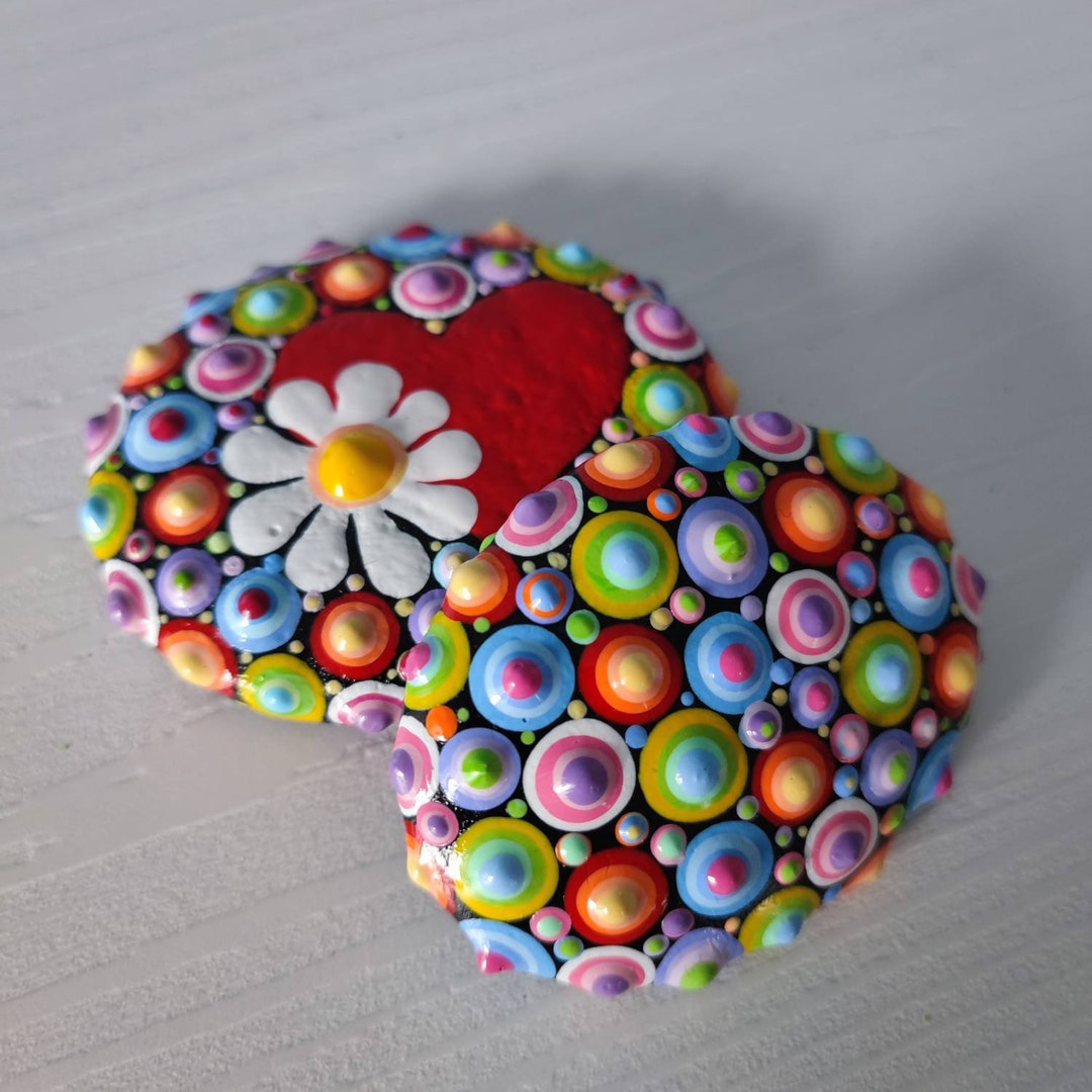 SET OF 2 Rocks, Painted Heart Stone and Colorful Polka Dot Stone, Love ...