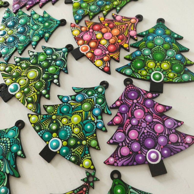 Set of 2 Purple Christmas Tree Ornaments on Wood in Shape of a - Etsy