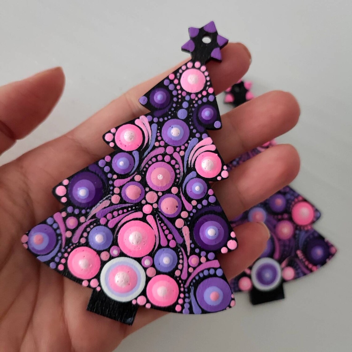 Set of 2 Purple Christmas Tree Ornaments on Wood in Shape of a - Etsy