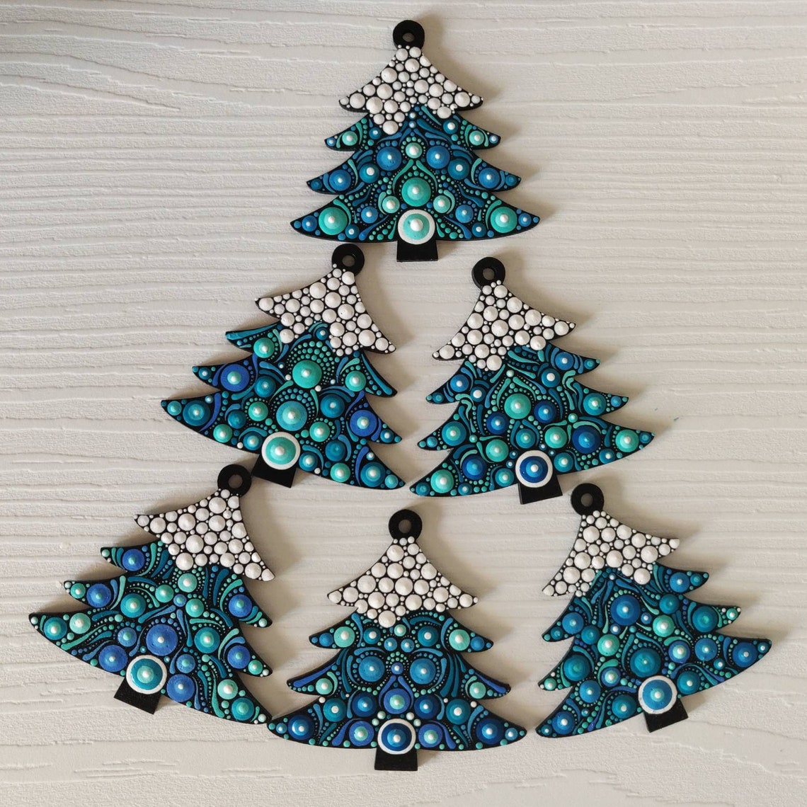 Set of Three Blue Christmas Tree Ornaments on Wood in Shape of - Etsy