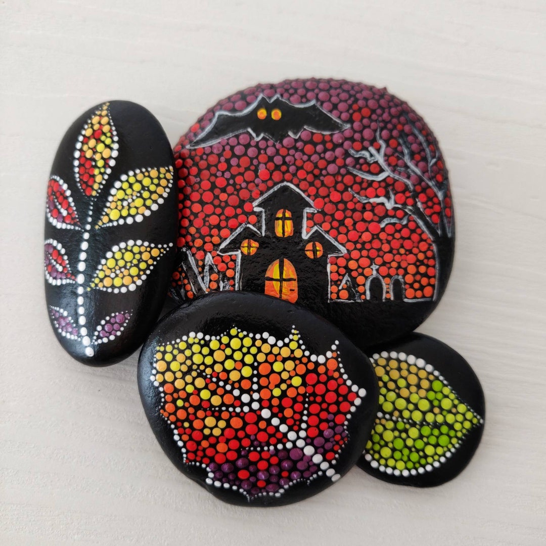 Set of 4 Halloween Stones, Dot Art Halloween Painted Rock, Fairy Garden ...