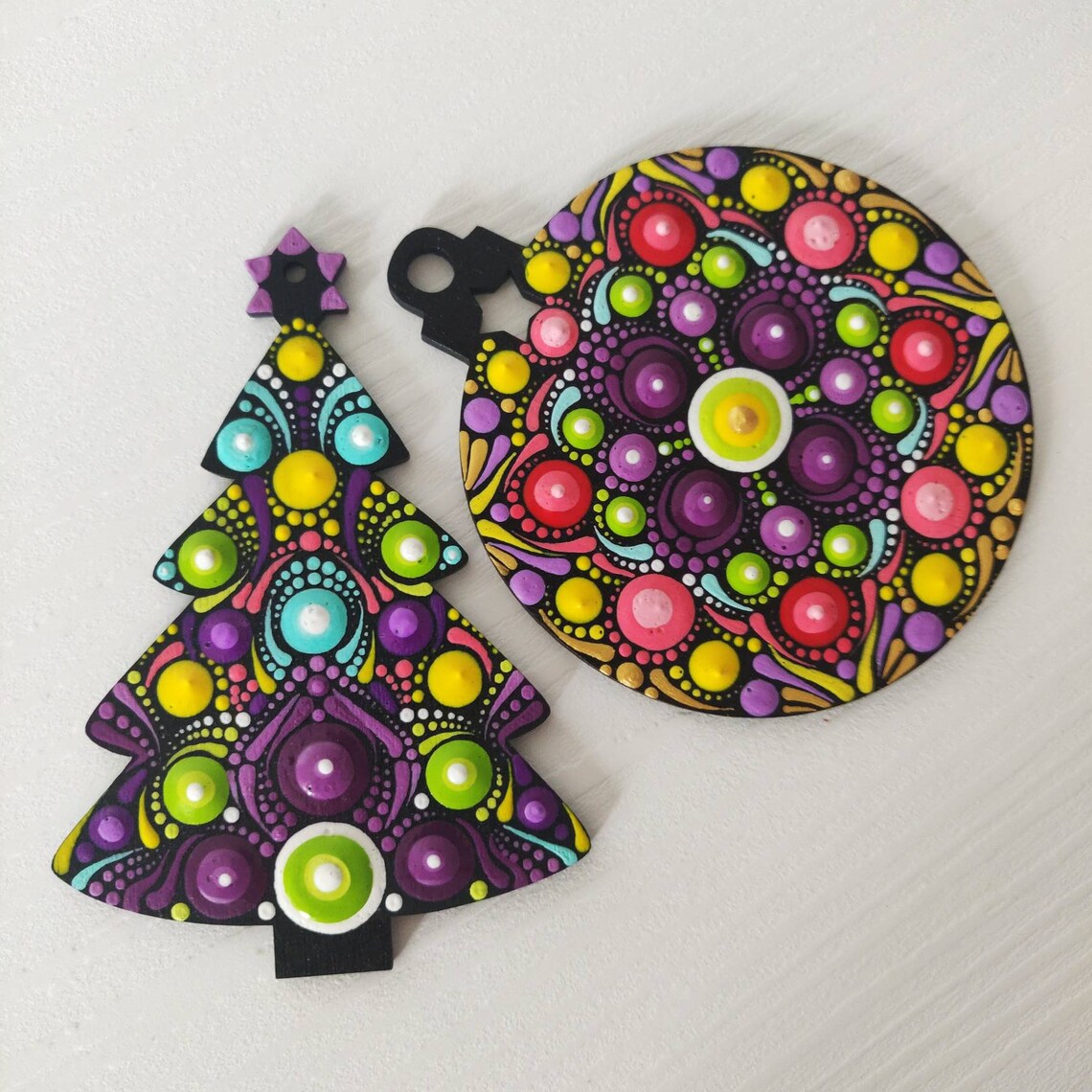 Set of 2 Christmas Tree Ornaments on Wood in Shape of a Tree - Etsy