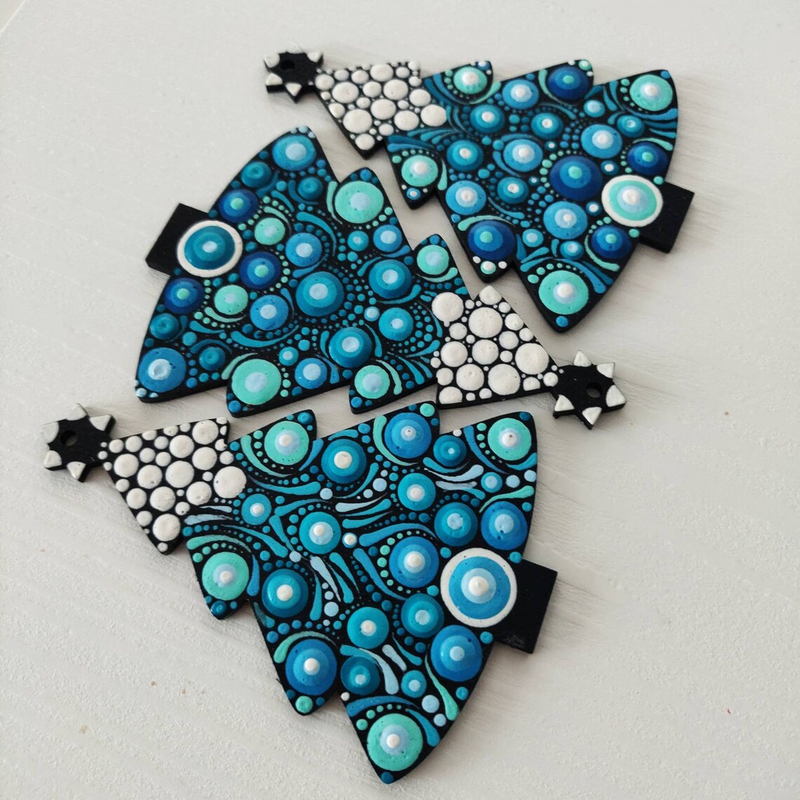 Set of Three Blue Christmas Tree Ornaments on Wood in Shape of - Etsy