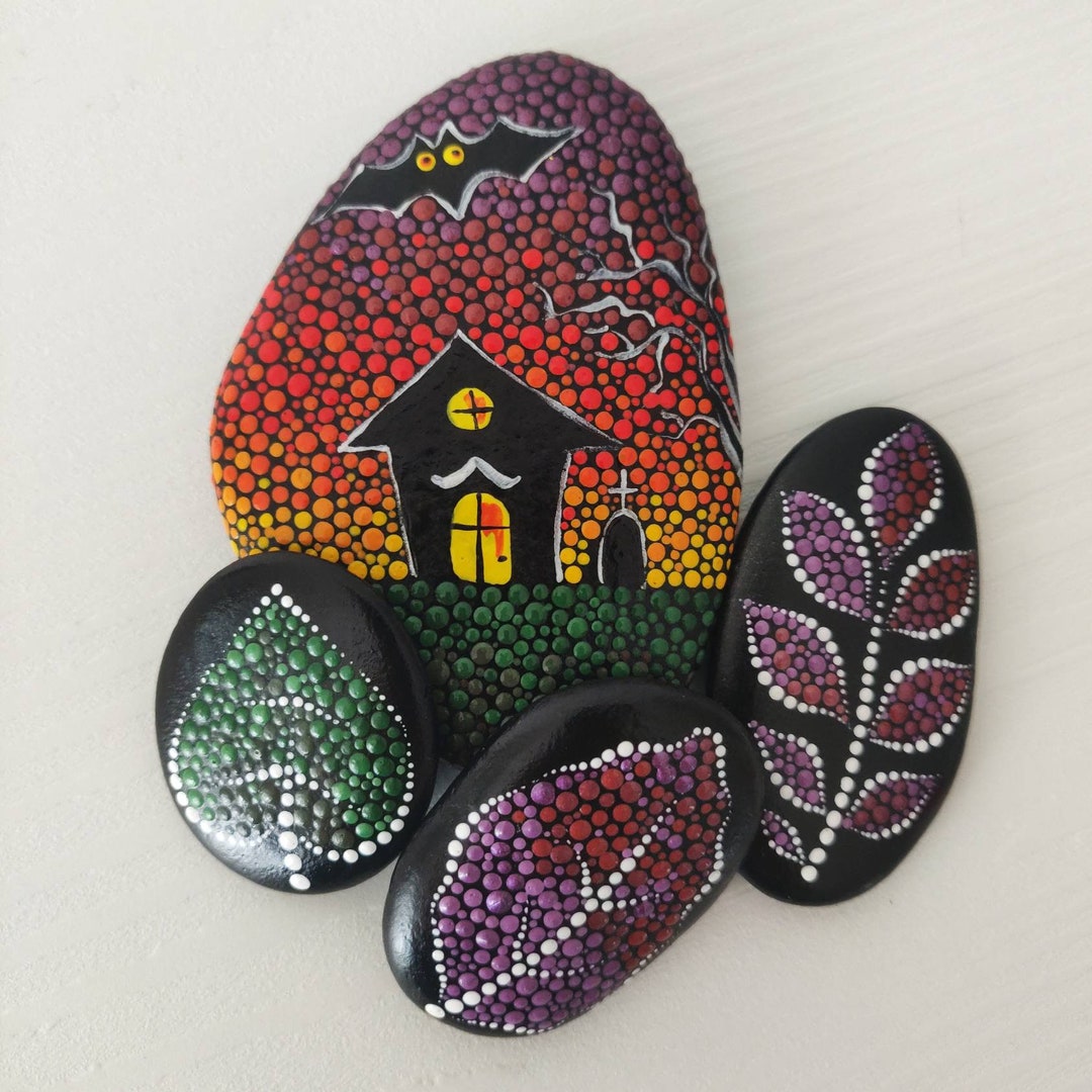 Set of 4 Halloween Stones, Dot Art Halloween Painted Rock, Fairy Garden ...