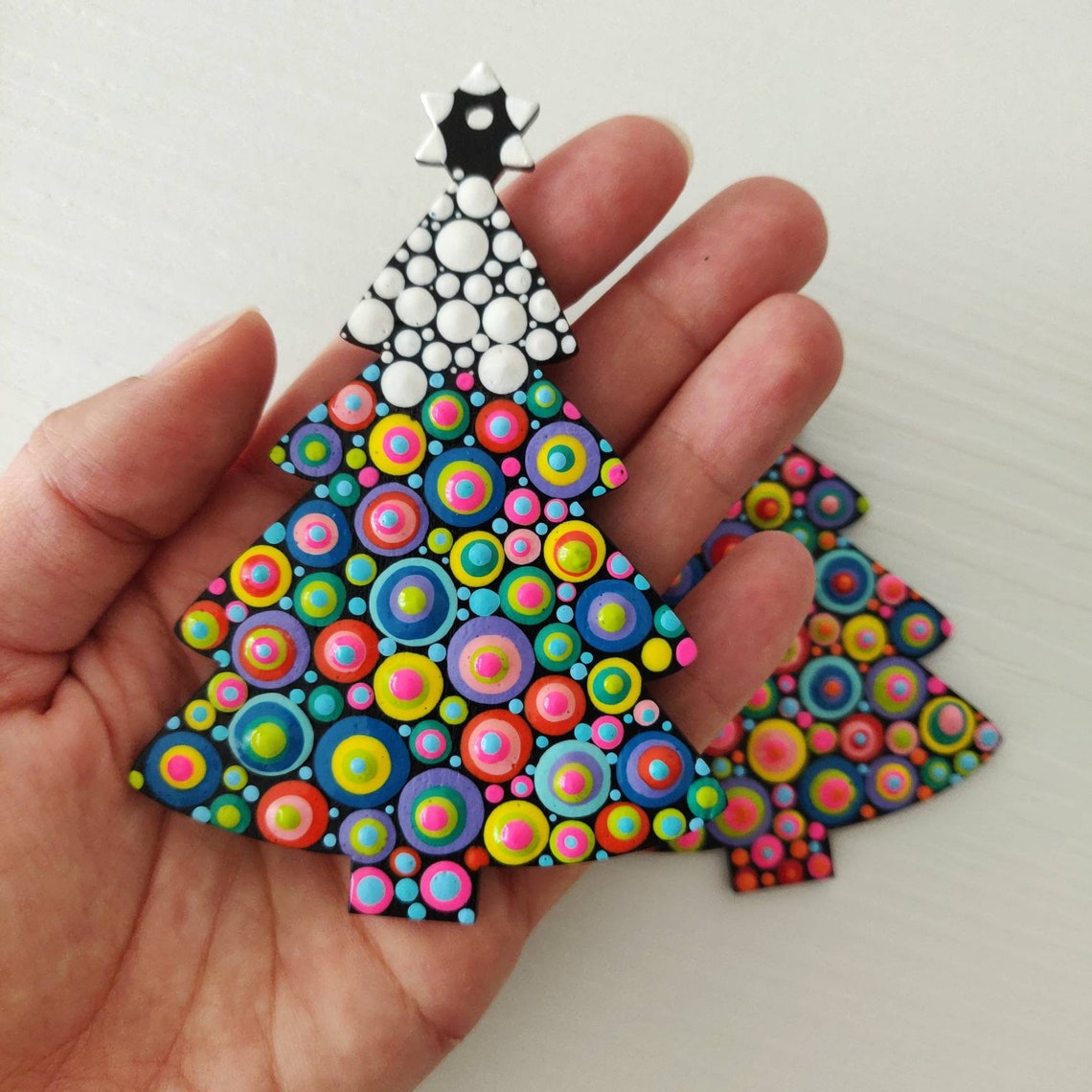 Set of 2 Colorful Christmas Tree Ornaments on Wood in Shape of - Etsy