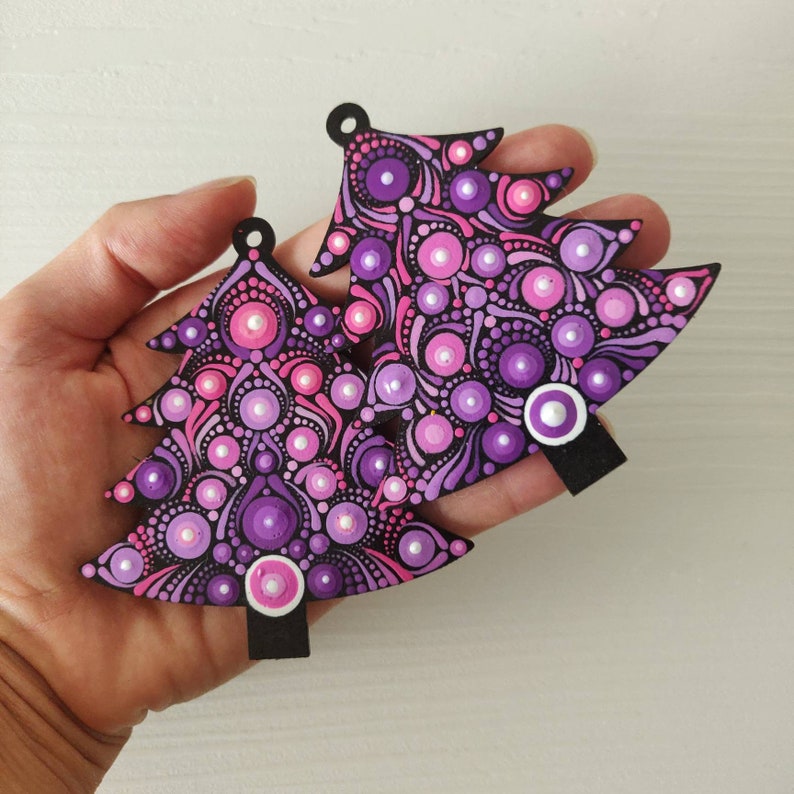 Set of 2 Purple Christmas Tree Ornaments on Wood in Shape of a - Etsy